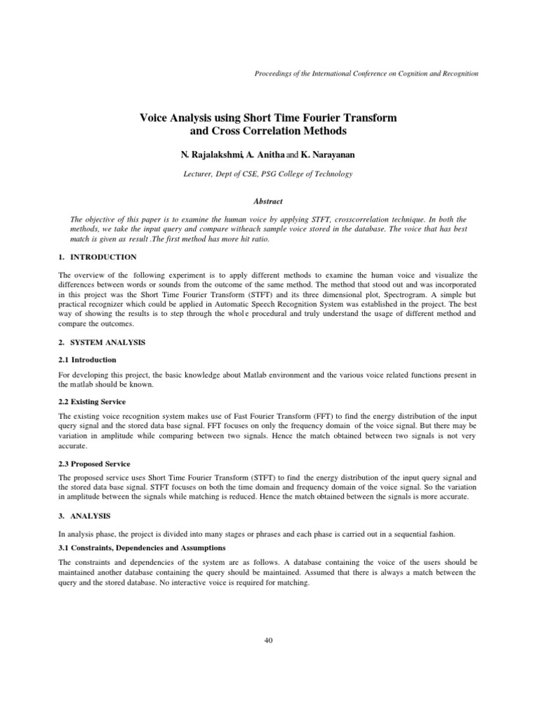 Voice Analysis Using Short Time Fourier Transform and Cross Correlation Methods | PDF | Signal ...