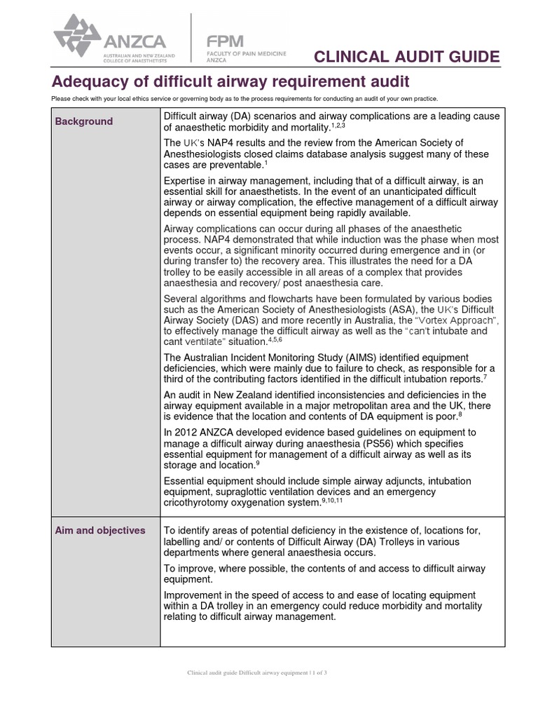 CPD-Difficult Airway Equipment Clinical Audit Guide | PDF | Anesthesia ...