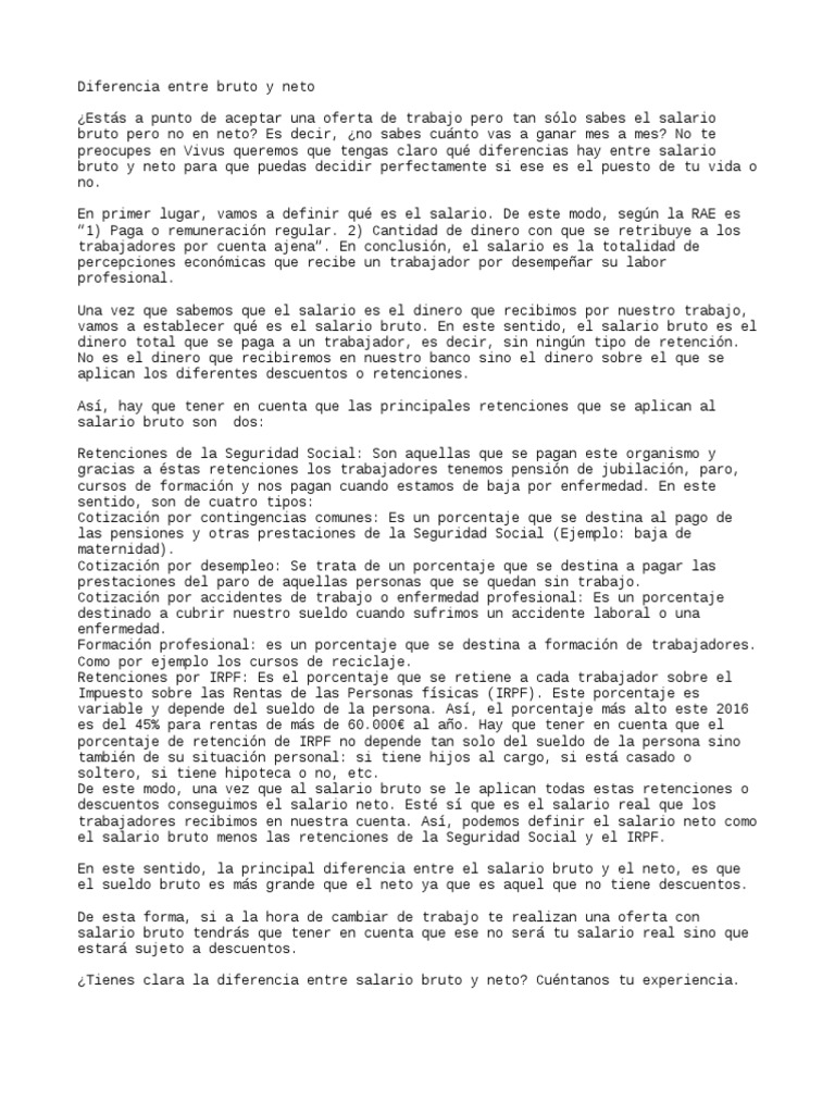 Salario Bruto vs Neto: Diferencias Clave | PDF | Salario | Desempleo