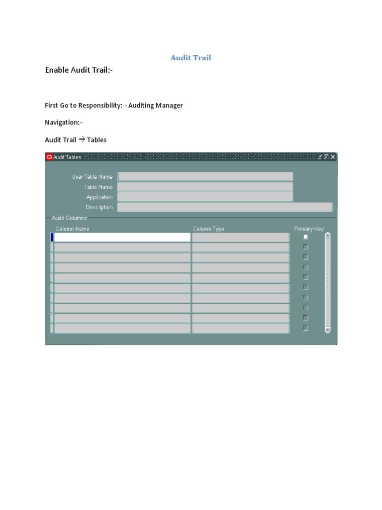 Enable Audit Trail:-: First Go To Responsibility: - Auditing Manager ...