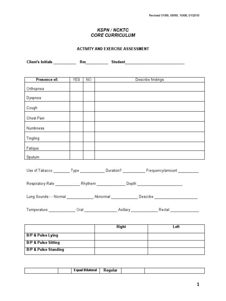 Activity and Exercise Assessment Form | PDF | Pulse | Diseases And ...