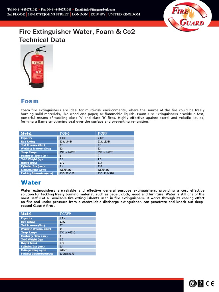 Fire Extinguisher Water, Foam & Co2 Technical Data | PDF | Chemical ...