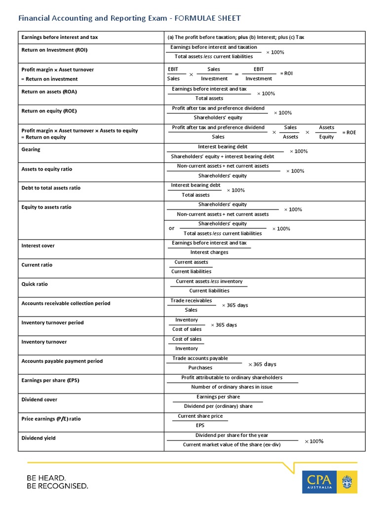 Financial Accounting and Reporting Exam - FORMULAE SHEET | PDF | Equity ...