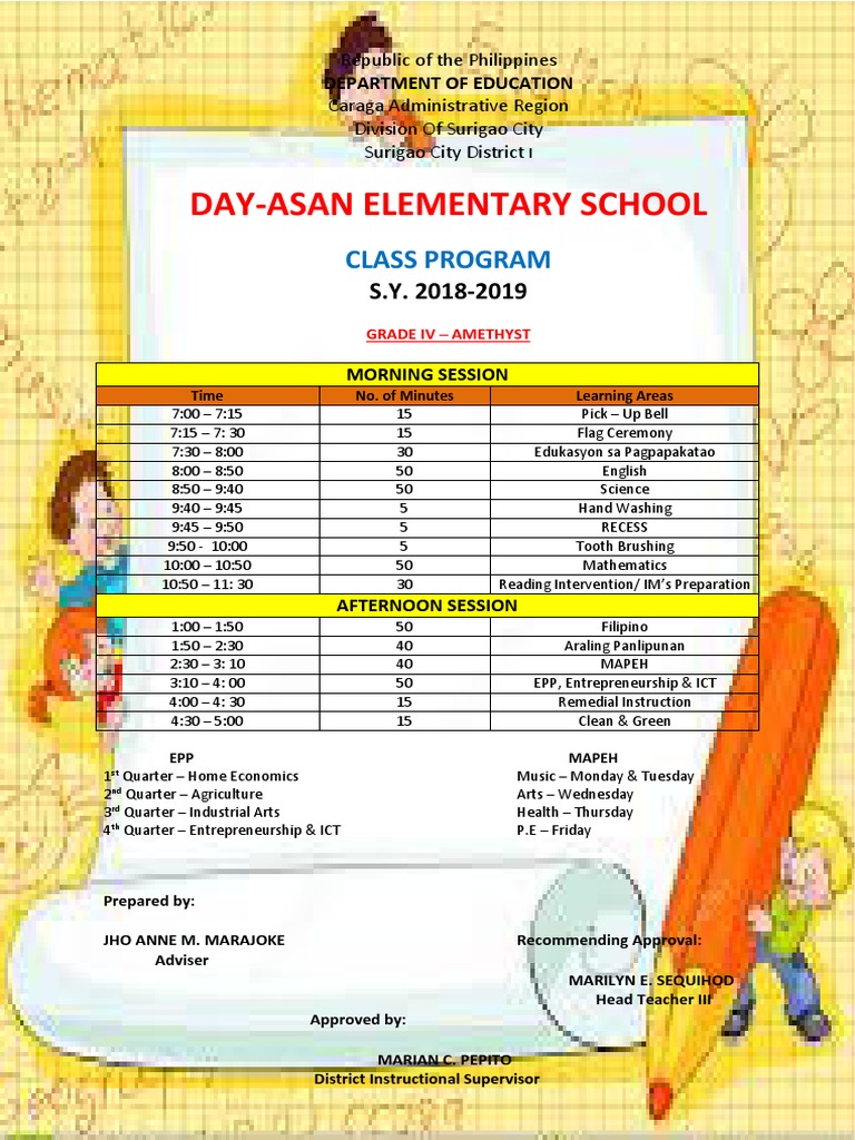 Day-Asan Elementary School: Class Program | PDF | Behavior Modification ...