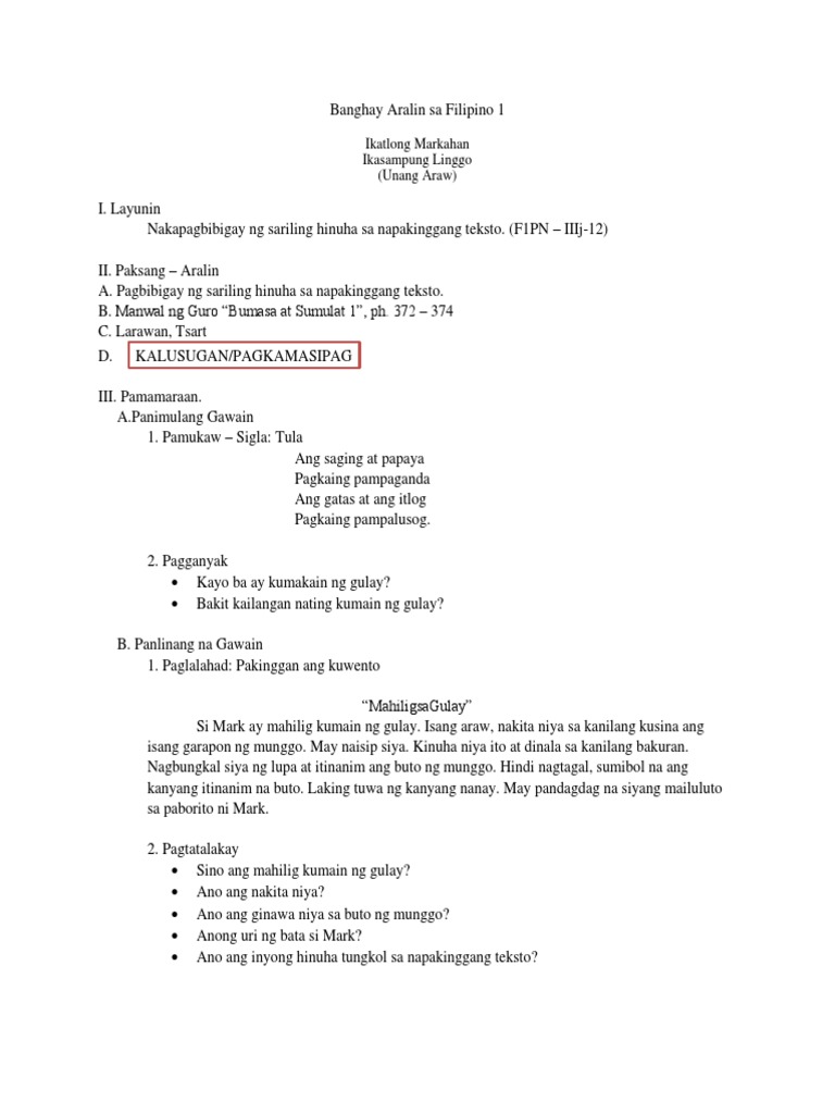 Banghay Aralin Sa Filipino 1 Week 10 Day 1-5 | PDF