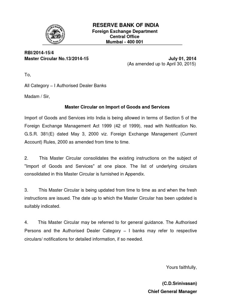 RBI Master Circular On Import Payments | PDF | Letter Of Credit | Banks RBI Master Circular On Import Payments | PDF | Letter Of Credit | Banks