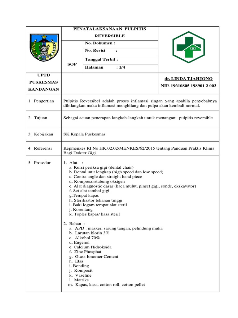 Sop 2.penatalaksanaan Pulpitis Reversible | PDF