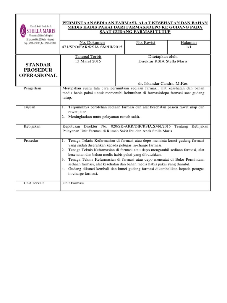 Spo Permintaan Sediaan Farmasi Dari Farmasi Atau Depo Ke Gudang | PDF