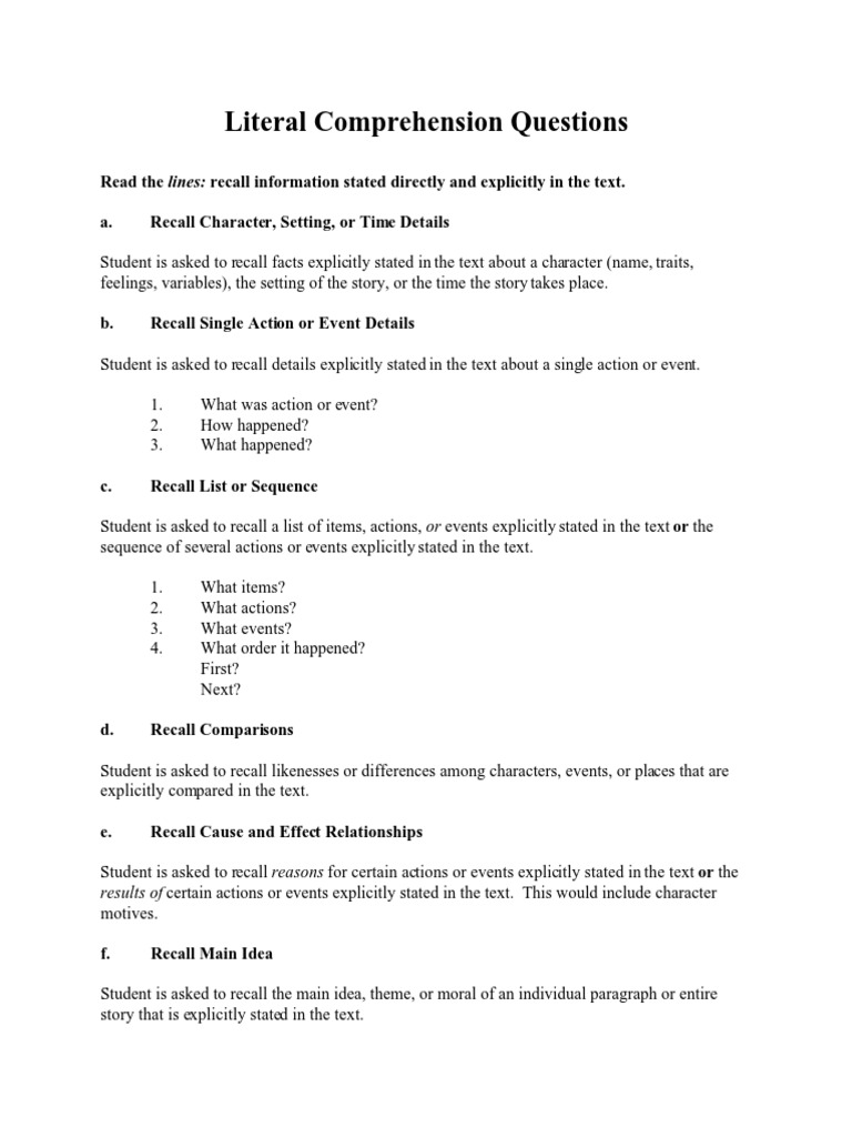 Literal Comprehension Questions | PDF | Reading Comprehension ...