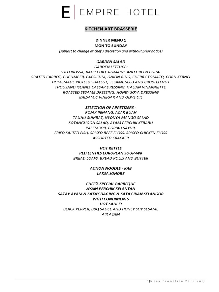 July 2019 Menu | PDF | Salad | Pickling