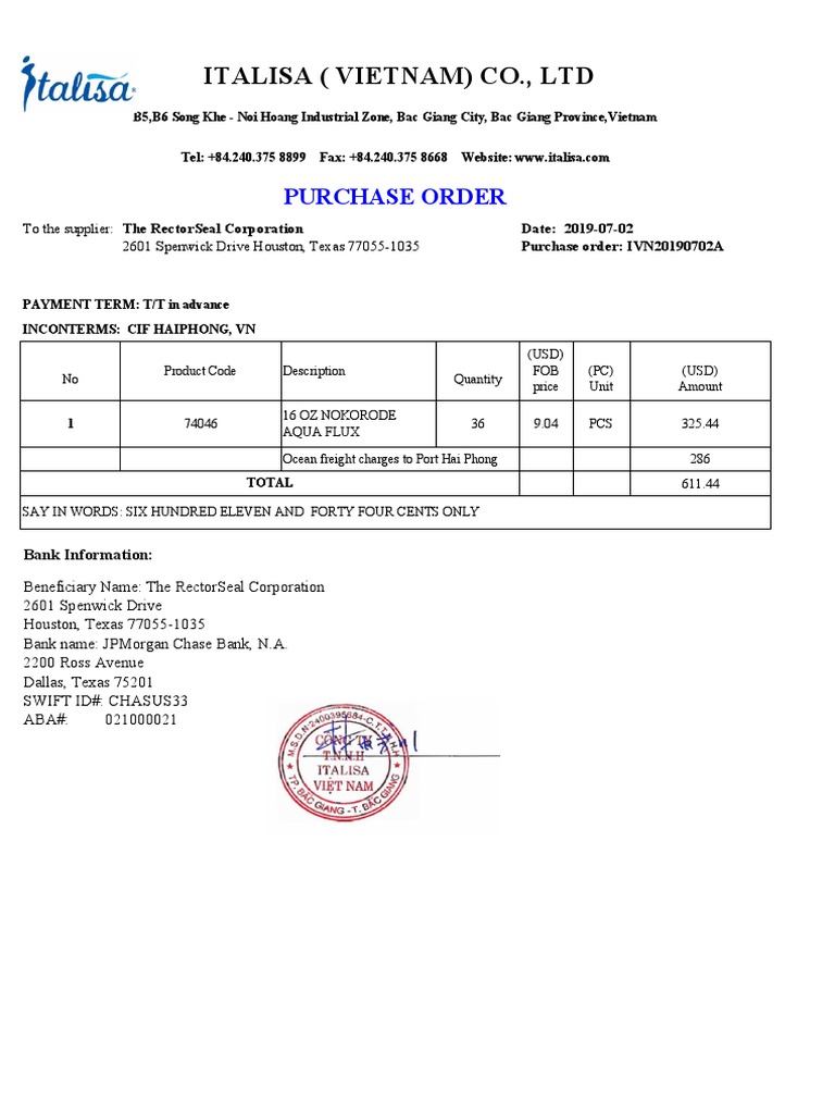 Purchase Order for CIF Haiphong Shipment | PDF