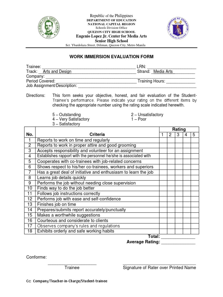 Work Immersion Evaluation Form: Eugenio Lopez Jr. Center For Media Arts Senior High School | PDF ...