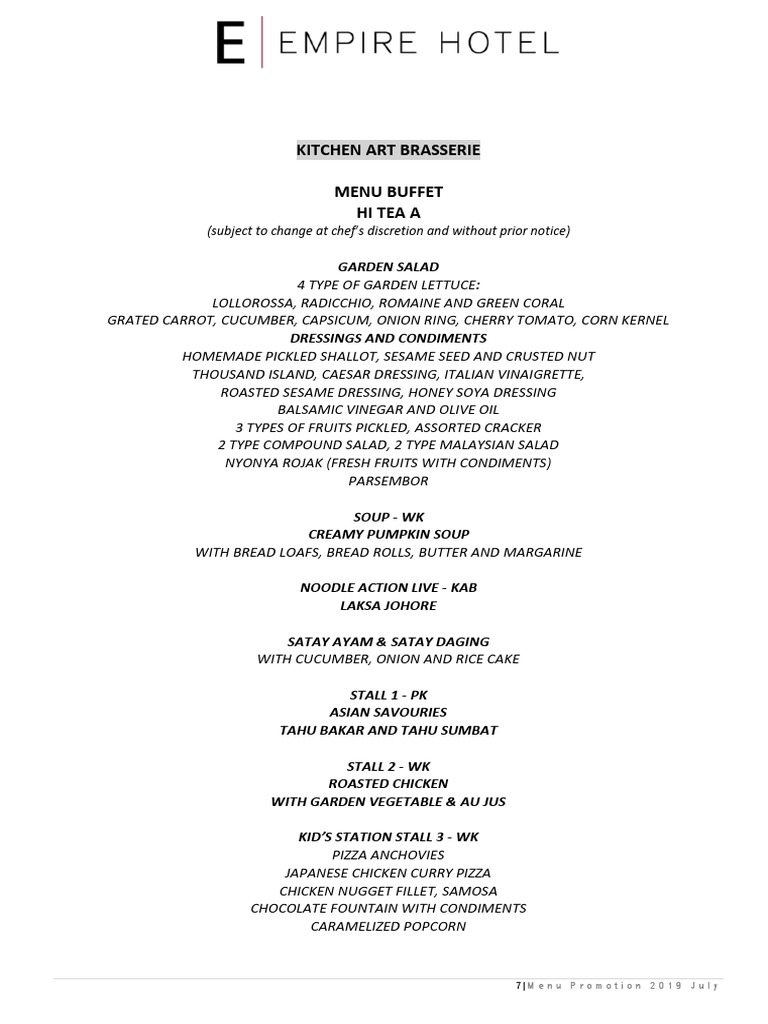 Kitchen Art Brasserie Menu Buffet Hiteaa: (Subject To Change at Chef's Discretion and Without ...