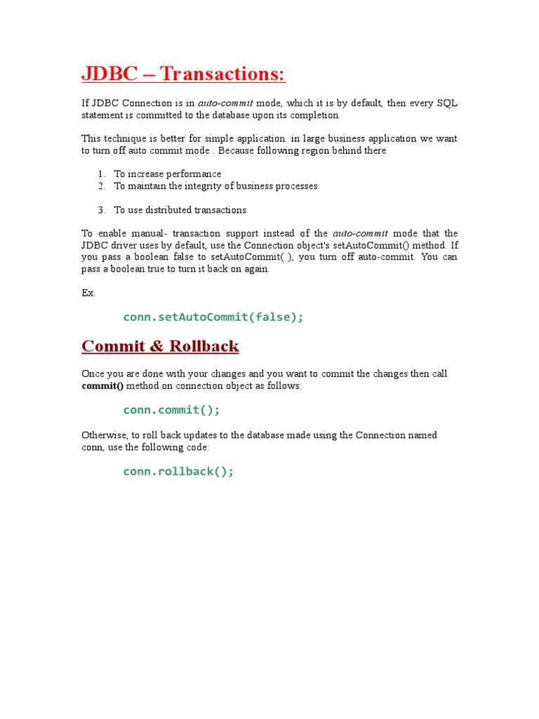 JDBC - Transactions:: Commit & Rollback | PDF | Database Transaction | Databases