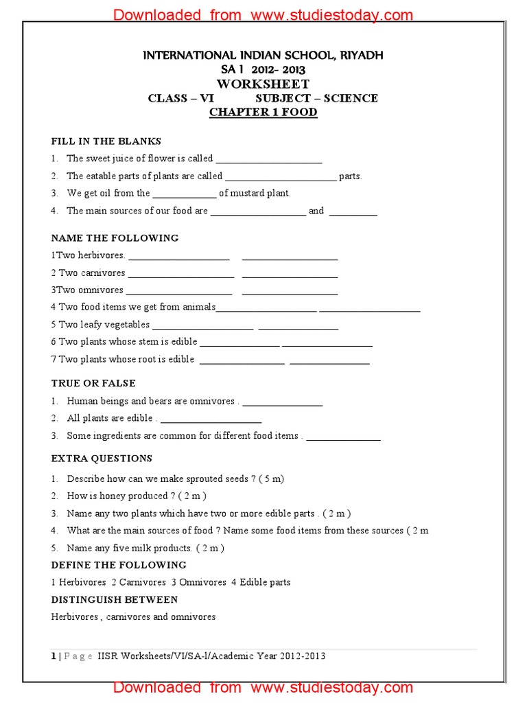 IISR Class VI Science Worksheets | PDF