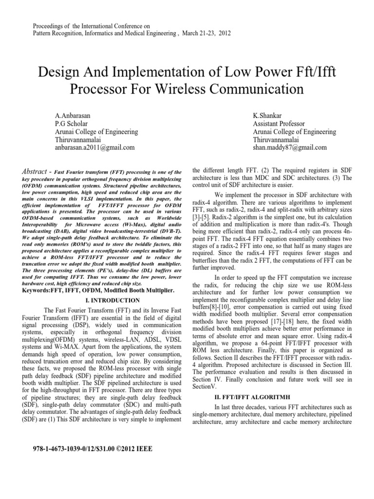 Design and Implementation of Low Power Fft/Ifft Processor For Wireless Communication | PDF ...