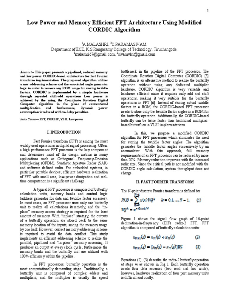 Low Power and Memory Efficient FFT Architecture Using Modified CORDIC ...