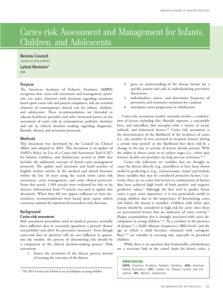 AAPD, 2014, Guideline On Caries-Risk Assessment and Management For Infant, Children, and ...