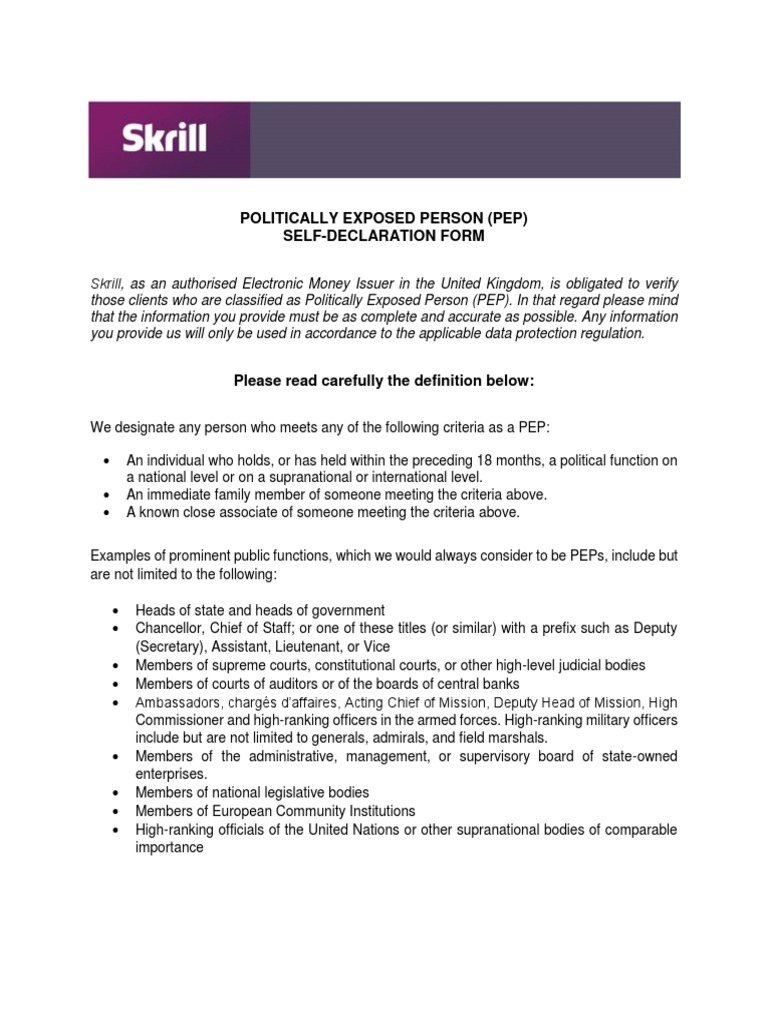Skrill PEP Self-Declaration Form | PDF | Virtue | Government