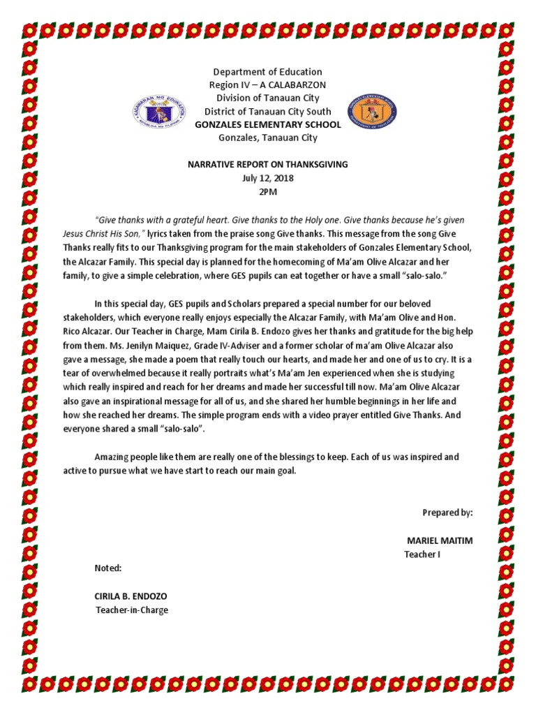 Narrative Report On Thanksgiving | PDF