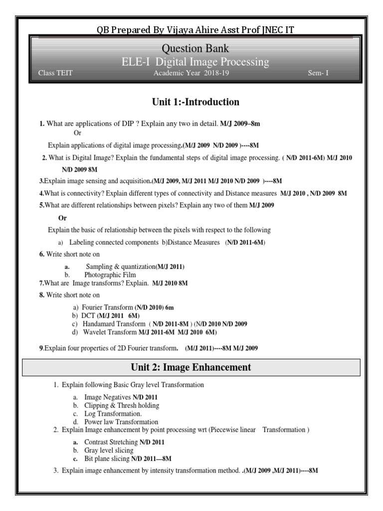 ELE-I Digital Image Processing: Question Bank | PDF | Data Compression ...