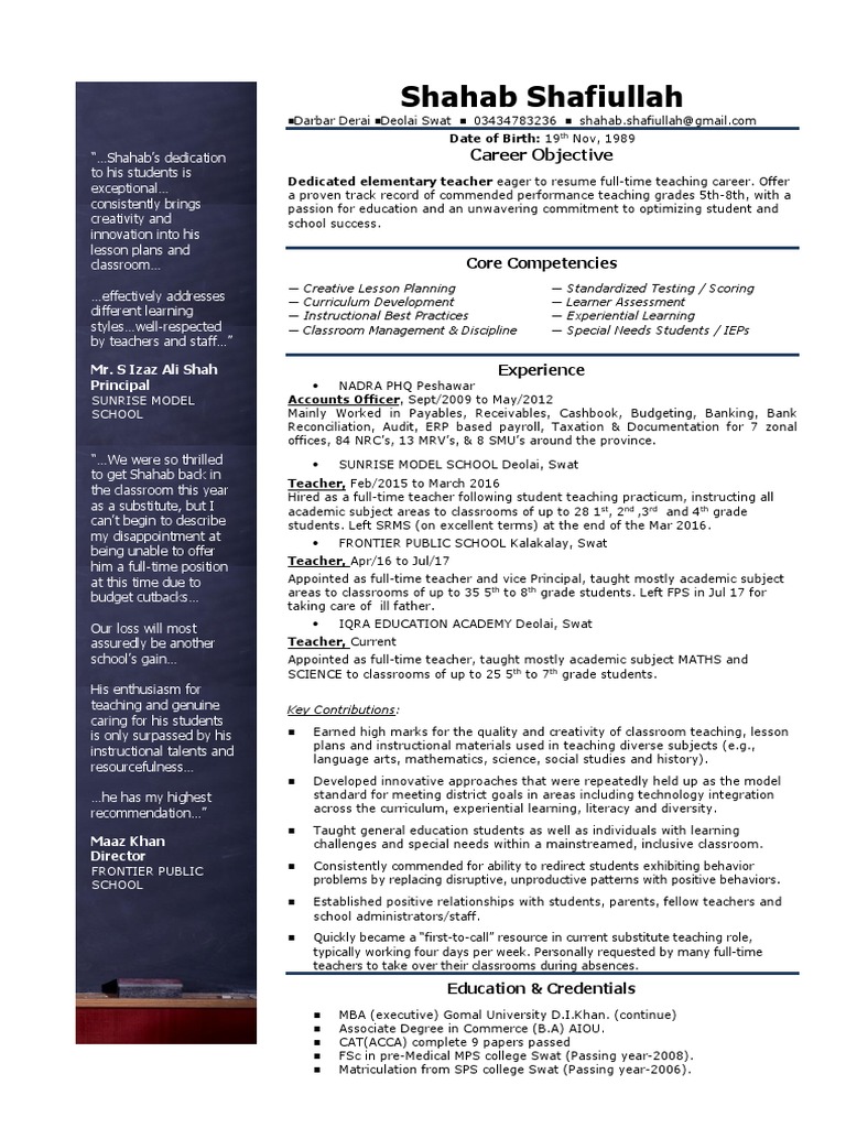 Shahab Shafiullah: Career Objective | PDF | Teachers | Curriculum