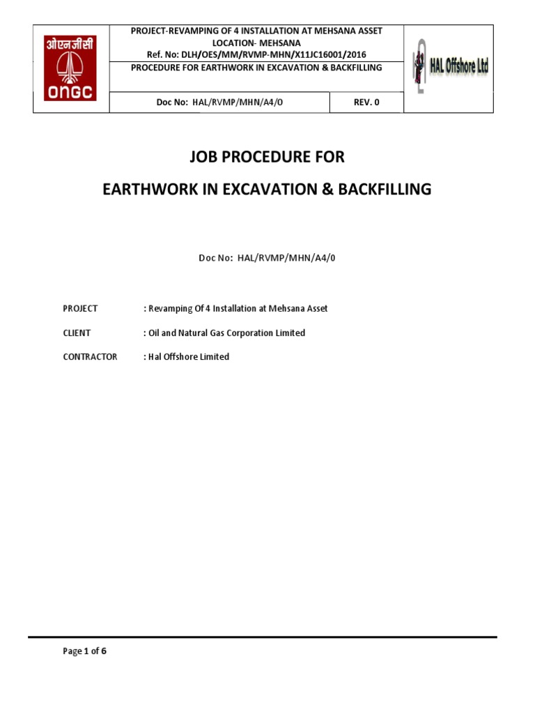 Job Procedure For Earthwork Excavation and Backfilling | PDF | Soil ...