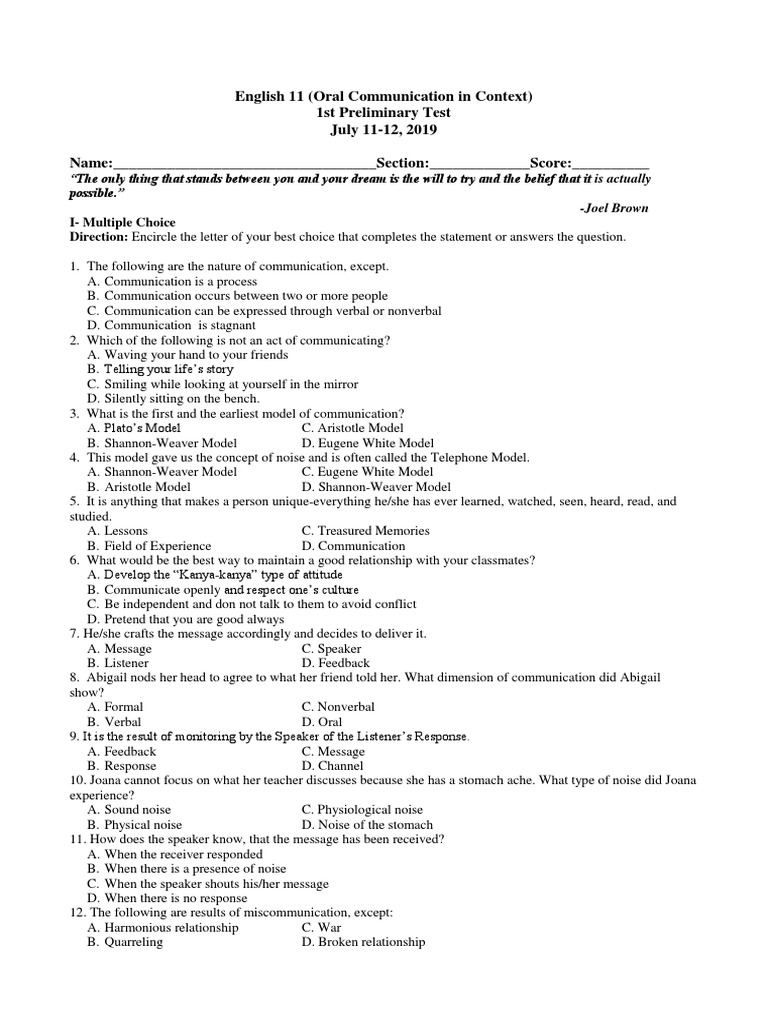Grade 11 Oral Communication Exam Guide | PDF | Nonverbal Communication ...