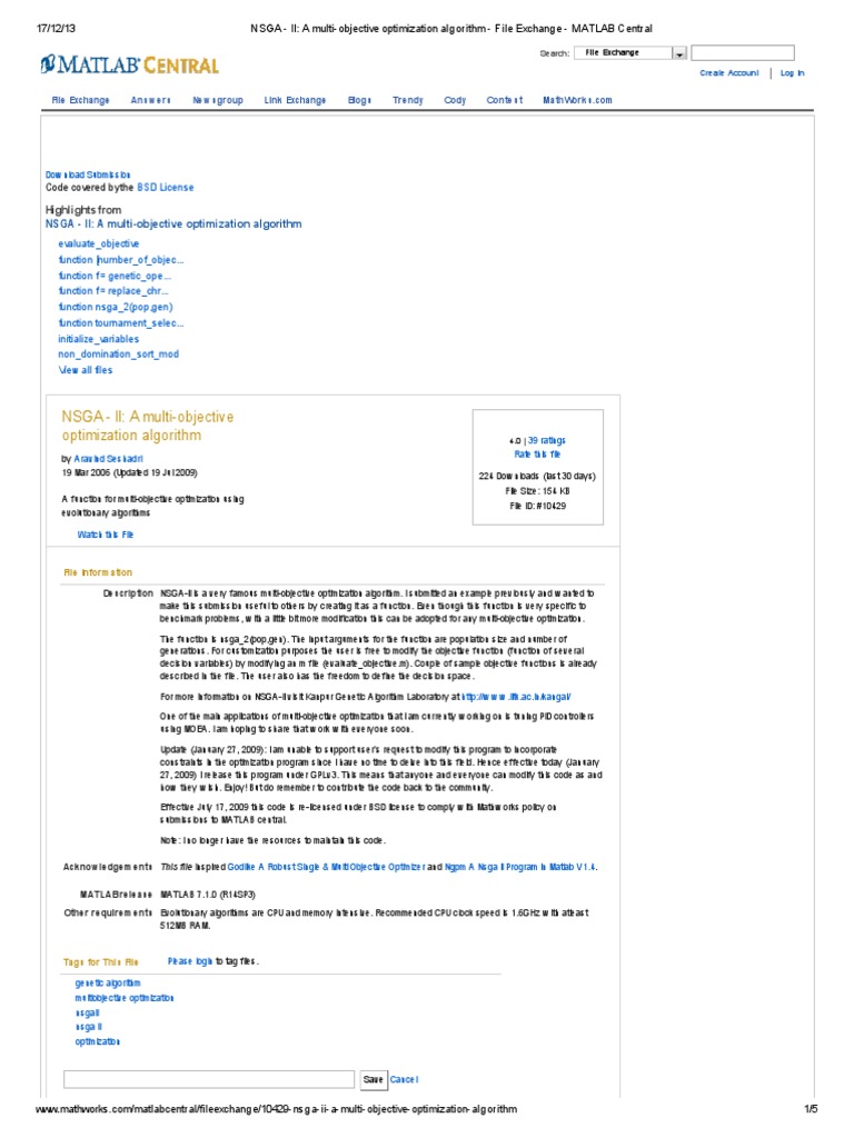 NSGA - II - A Multi-Objective Optimization Algorithm - File Exchange - MATLAB Central | PDF ...