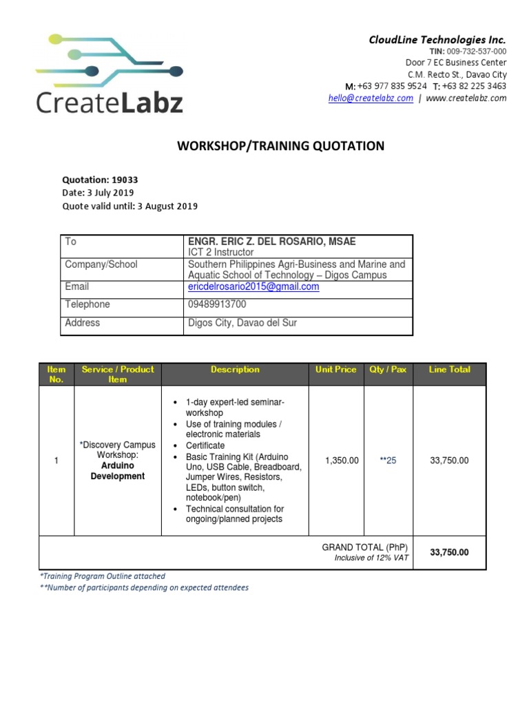 Workshop/Training Quotation | Download Free PDF | Arduino | Computer ...