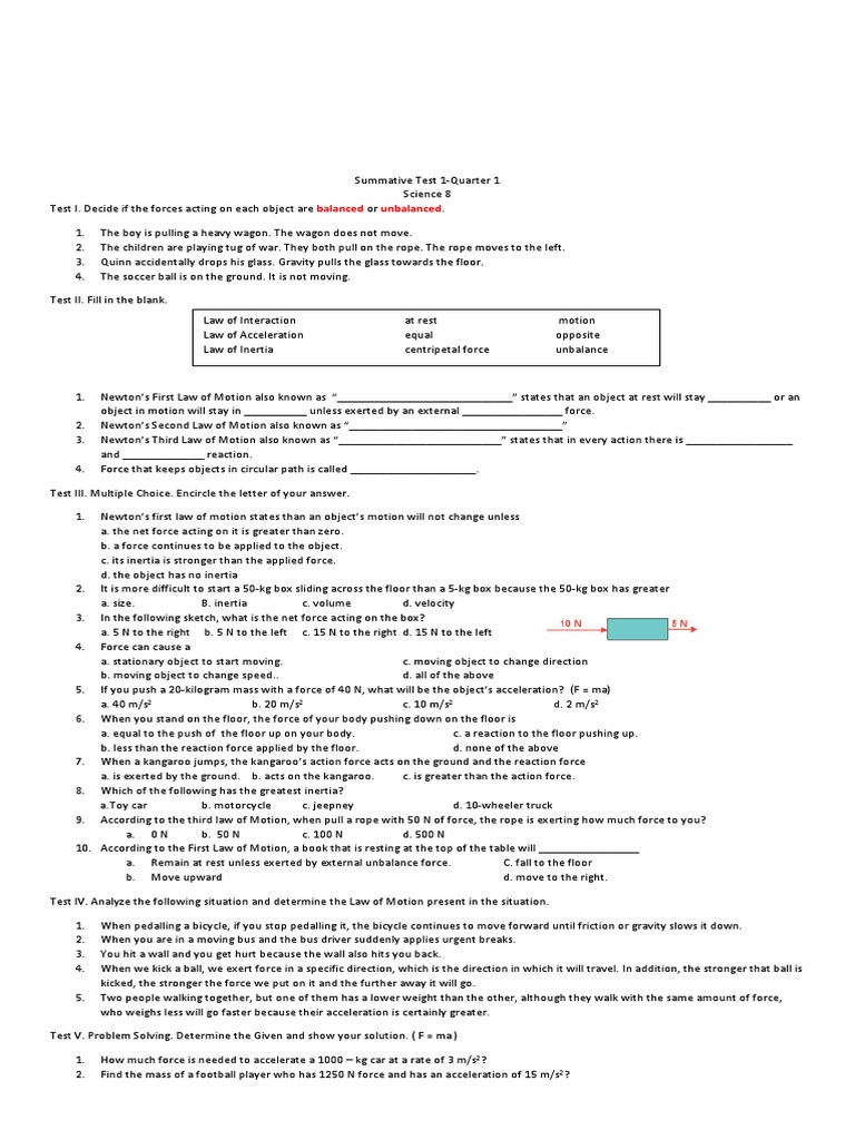 Summative Assessment on Newton's Laws of Motion | PDF | Newton's Laws ...
