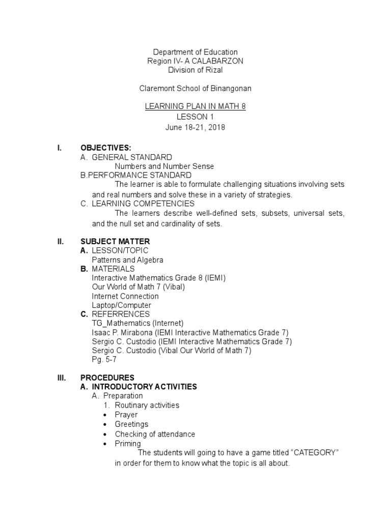LESSON PLAN Math 7 | PDF | Set (Mathematics) | Teaching Mathematics