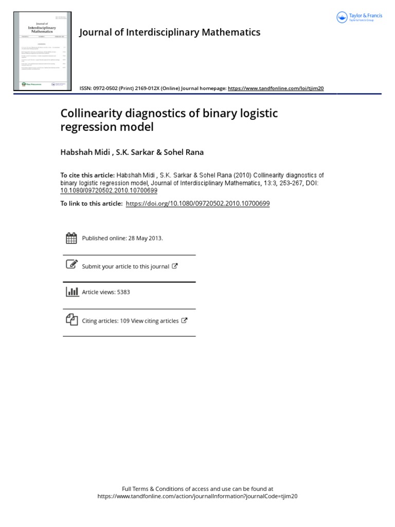 A Collinearity Diagnostics Of Binary Logistic Regression Model Pdf Multicollinearity