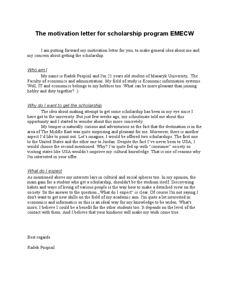 A Motivation Letter for the EMECW Scholarship Program Focusing on ...