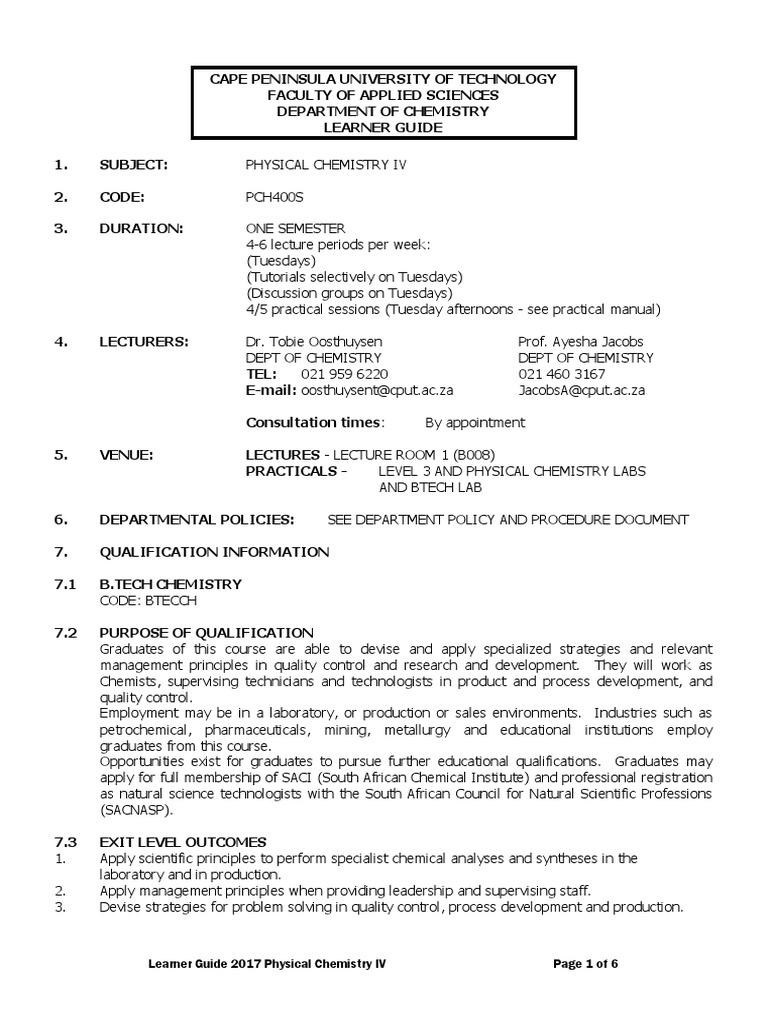 CPUT Physical Chemistry 4 Learner Guide 2017 | PDF | Reaction Rate ...