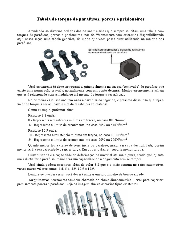 Tabela de torques de aplicação para parafusos, porcas e prisioneiros de ...