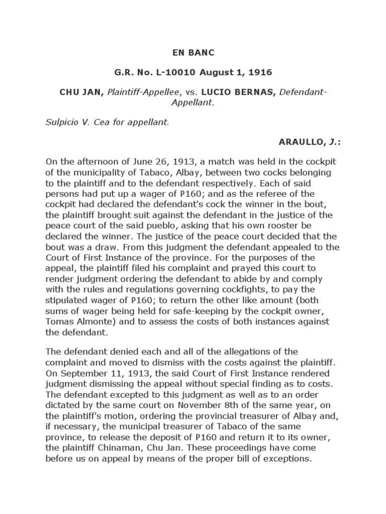 En Banc G.R. No. L-10010 August 1, 1916 CHU JAN, Plaintiff-Appellee, vs ...