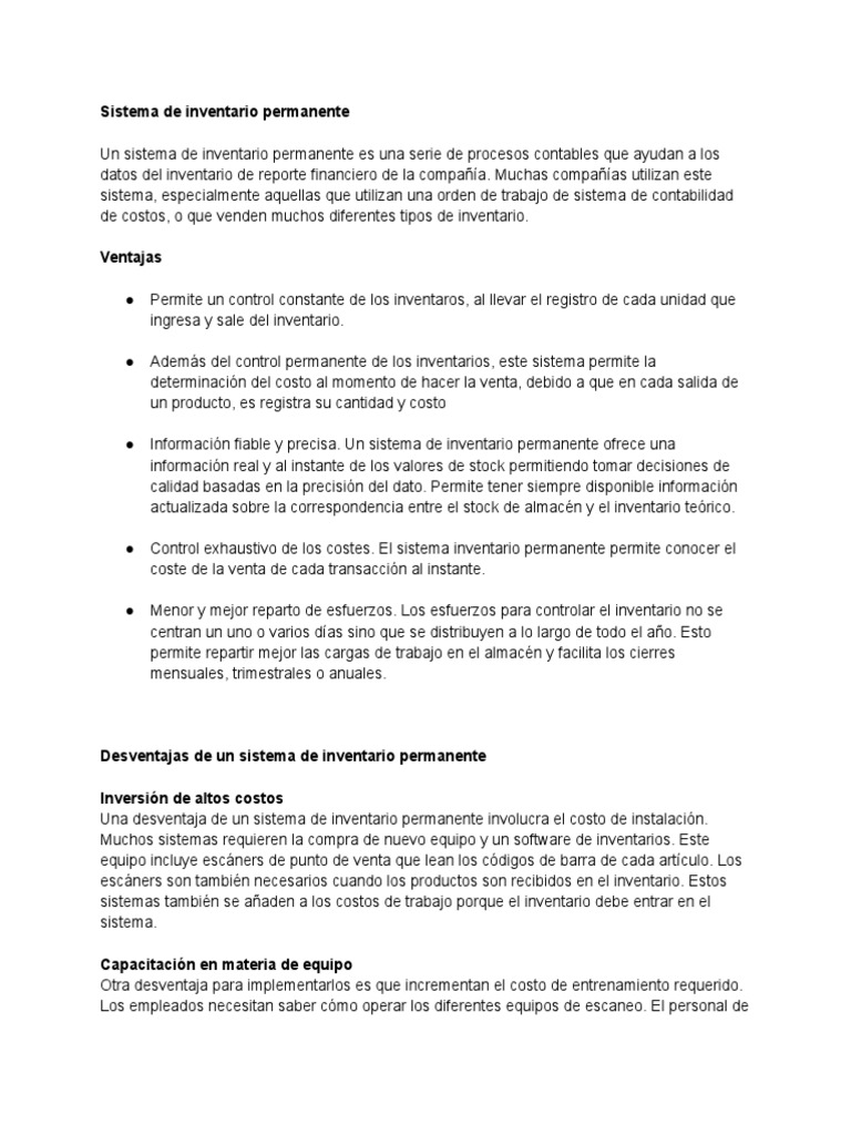 Sistema de Inventario Permanente: Ventajas y Desventajas | PDF ...