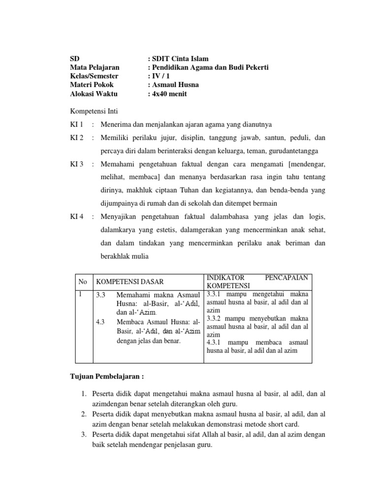 RPP Asmaul Husna | PDF | Agama & Spiritualitas | Seni & Disiplin Bahasa