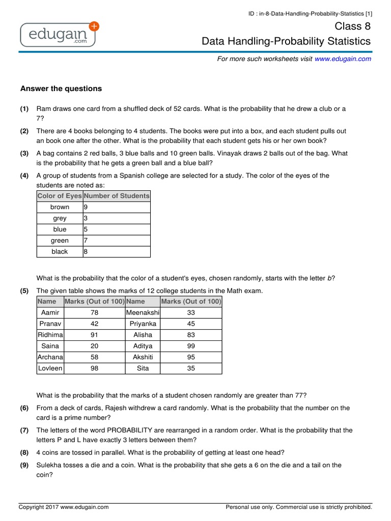 Grade 8 Data Handling Probability Statistics in | PDF | Probability ...