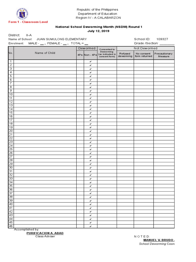 Deworming Form 1 | PDF