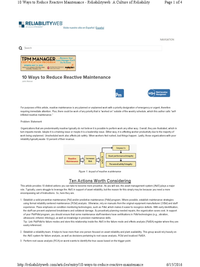 10 Ways To Reduce Reactive Maintenance: Ten Actions Worth Considering ...