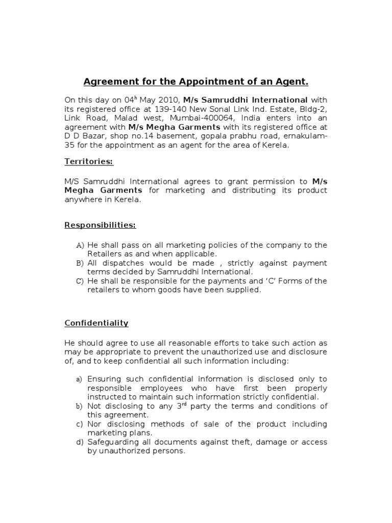 Agreement 4 Appointment | Download Free PDF | Retail | Confidentiality