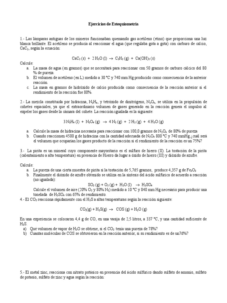 Ejercicios de Estequiometria Con Rendimiento y Pureza | PDF | Ácido sulfúrico | Cloruro