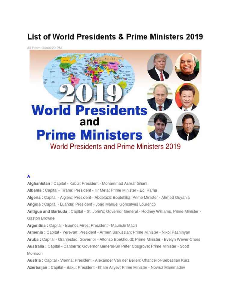 List of World Presidents & Prime Ministers 2019 | PDF | Heads Of State ...
