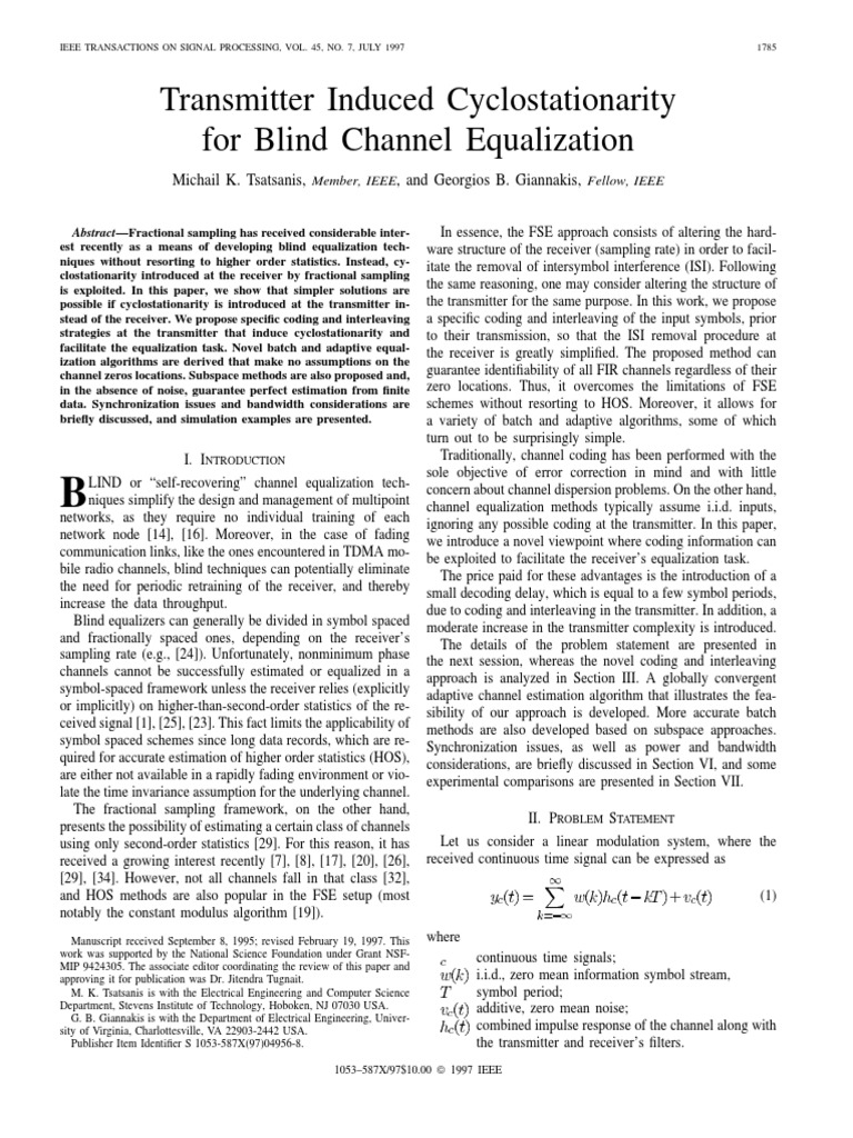 Transmitter Induced Cyclostationarity For Blind Channel Equalization | PDF | Eigenvalues And ...
