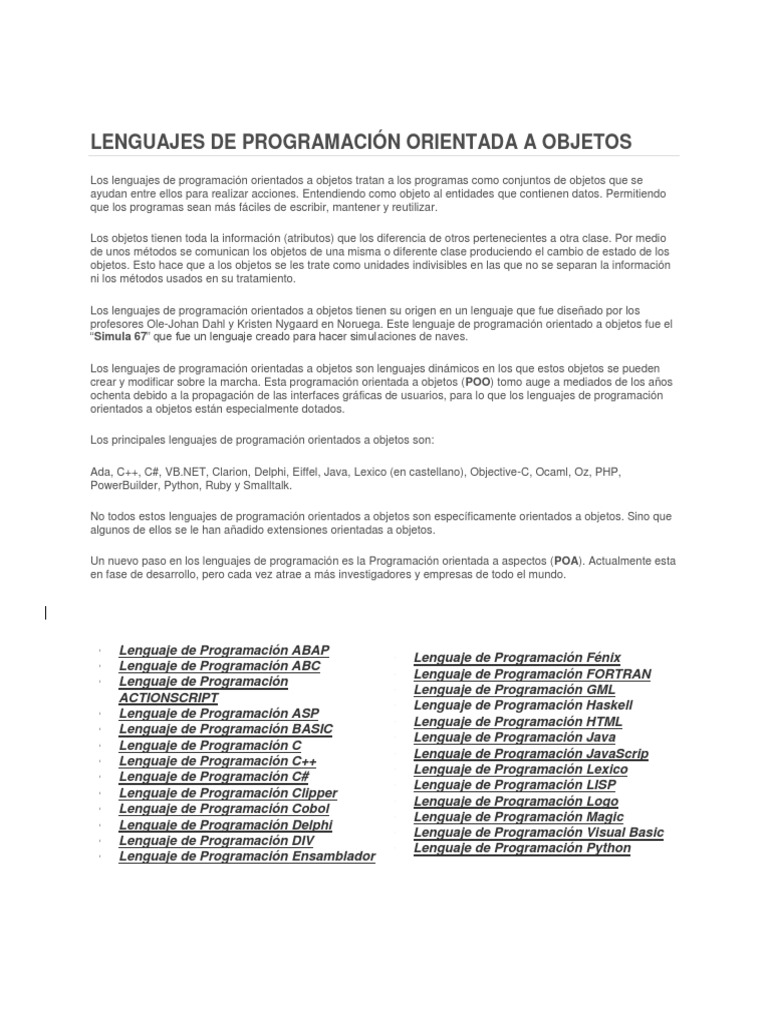 Lenguajes de Programación Orientada A Objetos Comparacion-1 | PDF ...