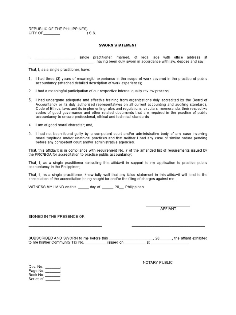BOA Accreditation Sworn Statement | Download Free PDF | Affidavit ...