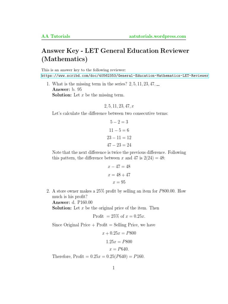 Answer Key Gened Math | PDF | Arithmetic | Elementary Mathematics