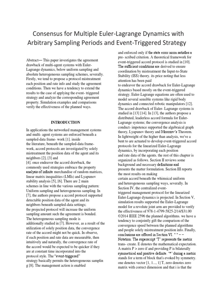 Consensus For Multiple Euler-Lagrange Dynamics With Arbitrary Sampling Periods and Event ...